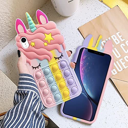 HoneyAKE Fidget Toys Phone Case for iPhone XR Phone Case Bubble Bumper Protective Soft Silicone Shockproof Stress Reliever Pop Fun Phone Cover Shell Women Girls Case for iPhone XR 6.1 Inch, Rainbow