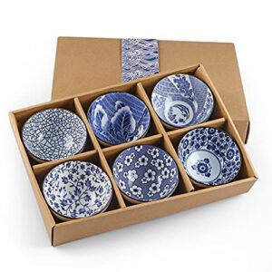 sanbege ceramic rice bowls 10 oz, japanese style bowl gift set, assorted dinnerware serving bowls for cereal, soup, dessert, snack, fruit, salsa, pack of 6 (blue and white)