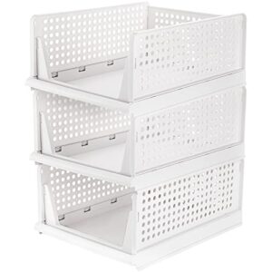 okllen 3 pack stackable storage bins, plastic clothes drawer organizer wardrobe storage box shelf basket, foldable sliding bins for cabinet, laundry, bedroom closet, office, white