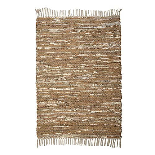 Leather Multi Rug Hand Woven and Hand Stiched, Made of Genuine Leather Strips, Fringe Trim, Durable, Stain Resistant, Leather Chindi Rug, Living Room Leather Rug, Eco Friendly - Beige 36x48 Inch