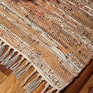 Leather Multi Rug Hand Woven and Hand Stiched, Made of Genuine Leather Strips, Fringe Trim, Durable, Stain Resistant, Leather Chindi Rug, Living Room Leather Rug, Eco Friendly - Beige 36x48 Inch