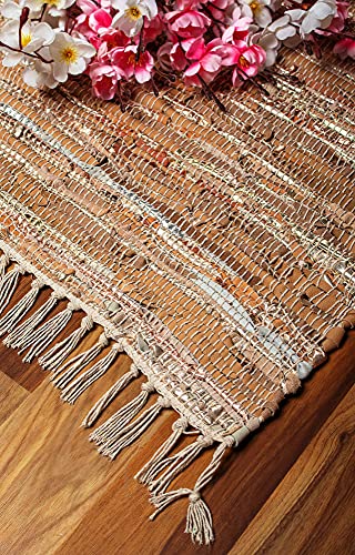 Leather Multi Rug Hand Woven and Hand Stiched, Made of Genuine Leather Strips, Fringe Trim, Durable, Stain Resistant, Leather Chindi Rug, Living Room Leather Rug, Eco Friendly - Beige 36x48 Inch