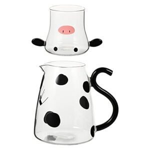 1 set glass carafe pitcher with glass mug cute cow glass tea pitcher kettle milk jug night water carafe for midnight drink home office hotel 550ml