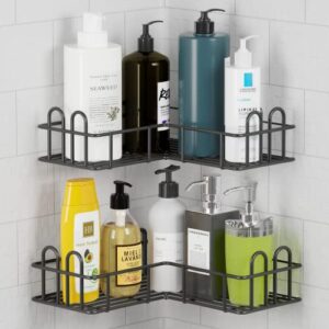 corner shower caddy, 2 pack self adhesive bathroom organizer with inside hooks, no drilling bathroom storage shelves, wall mounted shampoo holder rack for rv apartment