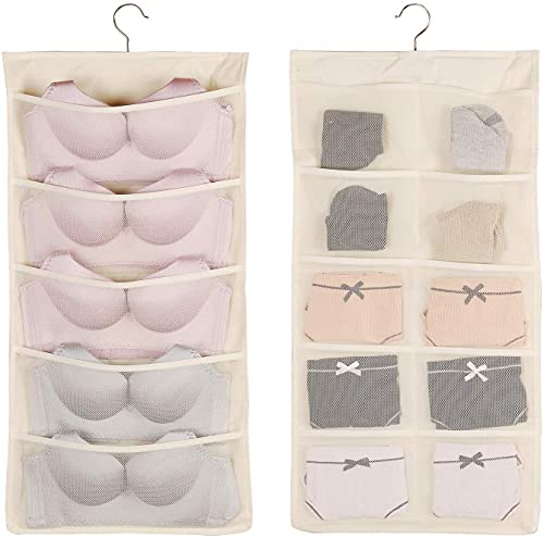 Closet Hanging Organizer Mesh Pockets and Rotating Metal Hanger, Oxford Cloth Space Saver Bag, Dual-Sided Hanging Storage Organiser for Underwear, Panties ,Bra and Sock(Beige, Expand 5+10 Pockets)