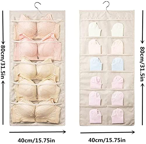 Closet Hanging Organizer Mesh Pockets and Rotating Metal Hanger, Oxford Cloth Space Saver Bag, Dual-Sided Hanging Storage Organiser for Underwear, Panties ,Bra and Sock(Beige, Expand 5+10 Pockets)