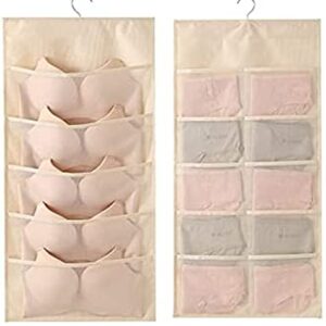 Closet Hanging Organizer Mesh Pockets and Rotating Metal Hanger, Oxford Cloth Space Saver Bag, Dual-Sided Hanging Storage Organiser for Underwear, Panties ,Bra and Sock(Beige, Expand 5+10 Pockets)