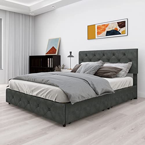 Wancla Queen Upholstered Platform Bed Frame with 4 Storage Drawers/Adjustable Button Tufted Headboard/No Box Spring Neeed/Wood Slat Support/Easy Assembly/Dark Grey, Leathaire