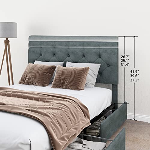 Wancla Queen Upholstered Platform Bed Frame with 4 Storage Drawers/Adjustable Button Tufted Headboard/No Box Spring Neeed/Wood Slat Support/Easy Assembly/Dark Grey, Leathaire