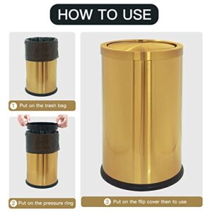 Huaqinglian Stainless Steel Gold Trash can with Flipping Lid 2.4gallon Fingerprint-Proof Garbage cans Wastebasket Bin for Kitchen bothroom Living Room (Gold)