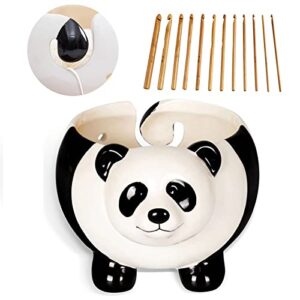 ceramics panda yarn storage bowls with 12 pcs bamboo handle crochet hook, cute animal yarn knitting holder basket for crocheting for wool ball, handmade craft crochet kit organizer