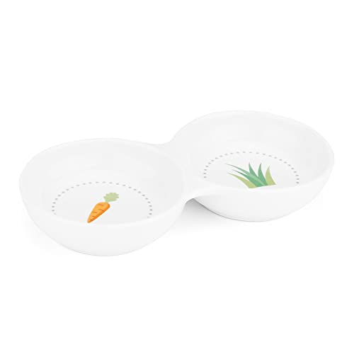 Navaris Double Food Bowl for Small Animals - Ceramic Food Bowls for Rabbits, Guinea Pigs, Small Pets - Rabbit Water Dish - Carrot and Grass Design