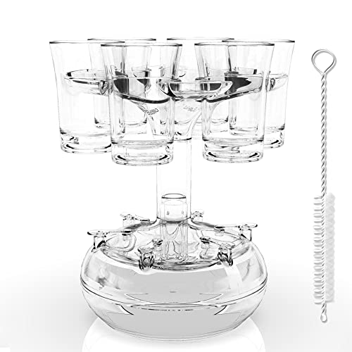 ALEVMOOM Shot Glass Dispenser and Holder,Adjustable Acrylic Shot Dispenser with 6 Drinking Glasses Made of Food Grade Plexiglass, for Beer Dispenser for Bar Parties Drinking Tools with brush