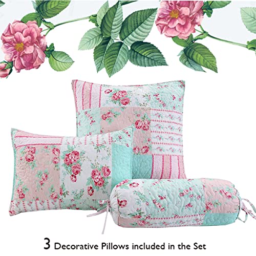 Cozy Line Home Fashions Tiffany Flower Garden Floral Polyester 3-Piece (Square, Rectangle, Bolster) Decor Throw Pillows, Pink, Blue, White