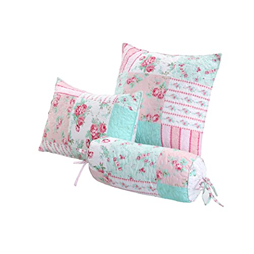 Cozy Line Home Fashions Tiffany Flower Garden Floral Polyester 3-Piece (Square, Rectangle, Bolster) Decor Throw Pillows, Pink, Blue, White