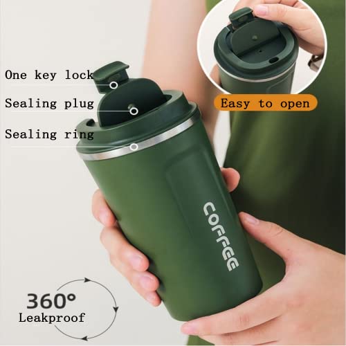 NUFR 12.85oz Travel Coffee Mug, Stainless Steel Coffee Cup with Lid, Hot/iced coffee tumbler for Home, Office, Car Auto, Kitchen Outdoor(Green)