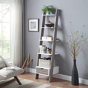 raamzo two-tone white and weathered grey finish 5 tier bookcase shelf ladder leaning with drawer - 74" height