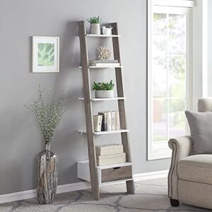 RAAMZO Two-Tone White and Weathered Grey Finish 5 Tier Bookcase Shelf Ladder Leaning with Drawer - 74" Height