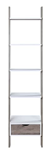 RAAMZO Two-Tone White and Weathered Grey Finish 5 Tier Bookcase Shelf Ladder Leaning with Drawer - 74" Height