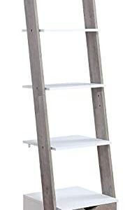 RAAMZO Two-Tone White and Weathered Grey Finish 5 Tier Bookcase Shelf Ladder Leaning with Drawer - 74" Height