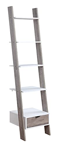 RAAMZO Two-Tone White and Weathered Grey Finish 5 Tier Bookcase Shelf Ladder Leaning with Drawer - 74" Height