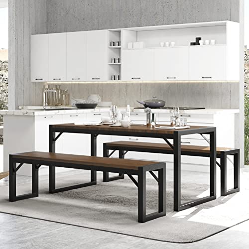 IMUsee 3-Piece 47.2" Dining Table Set for 4-6,Modern Rustic Kitchen Table with Metal Frame and Wood Board,Kitchen & Dining Room Table Set with Benches,Space-Saving Dinette for Small Space,Black&Walnut