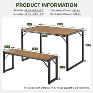 IMUsee 3-Piece 47.2" Dining Table Set for 4-6,Modern Rustic Kitchen Table with Metal Frame and Wood Board,Kitchen & Dining Room Table Set with Benches,Space-Saving Dinette for Small Space,Black&Walnut