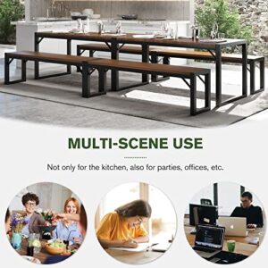 IMUsee 3-Piece 47.2" Dining Table Set for 4-6,Modern Rustic Kitchen Table with Metal Frame and Wood Board,Kitchen & Dining Room Table Set with Benches,Space-Saving Dinette for Small Space,Black&Walnut