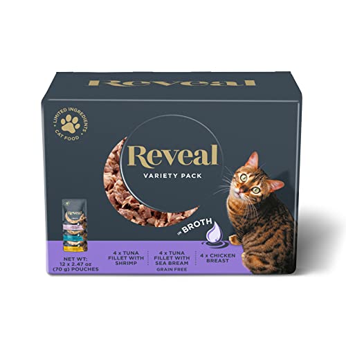 Reveal Natural Wet Cat Food, 12 Pack, Limited Ingredient Wet Cat Food Pouches, Grain Free Food for Cats, Variety of Fish and Chicken Flavors in Broth, 2.47oz Pouches