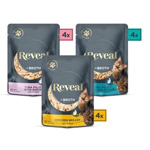 Reveal Natural Wet Cat Food, 12 Pack, Limited Ingredient Wet Cat Food Pouches, Grain Free Food for Cats, Variety of Fish and Chicken Flavors in Broth, 2.47oz Pouches