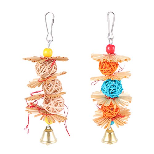 Scicalife 2pcs Parrot Biting Toy Hanging Rattan Ball Bell Parrot Cage Pendant Birds Playing ToyPet Gift