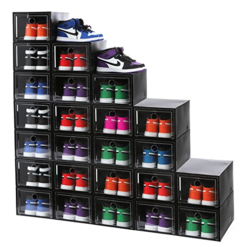 MMBABY 24 Pack Black Shoe Storage Box Stackable Shoe Storage Organizers Large Containers Easy to Assembly Stackable Shoe Organizer Bins fits for US Size 12