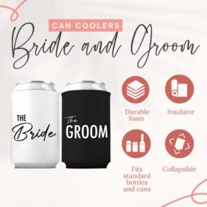 Pretty Robes Bride and Groom Can Coolers Couples Collapsible Bottle and Can Sleeves Insulator Couples Can Cooler Set for Wedding, Engagement, Anniversary, Bridal Showers