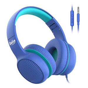 gorsun premium a66 kids headphones with 85db/94db volume limited, in-line hd mic, audio sharing, foldable toddler headphones, adjustable, children headphones over-ear for school travel, blue