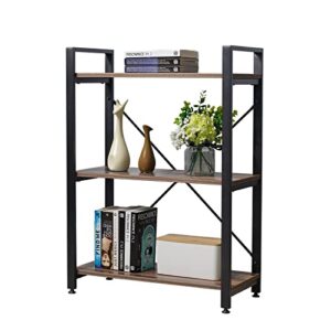 small bookshelf, 3 tier industrial bookshelf wood bookcase shelves storage, standing metal frame book shelves for living room bedroom and office, vintage display 3 tiers open shelf/rack, black/brown