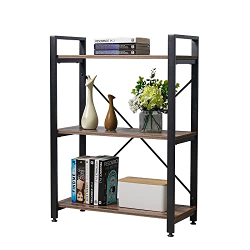 Small Bookshelf, 3 Tier Industrial bookshelf Wood Bookcase Shelves Storage, Standing Metal Frame Book Shelves for Living Room Bedroom and Office, Vintage Display 3 Tiers Open Shelf/Rack, Black/Brown