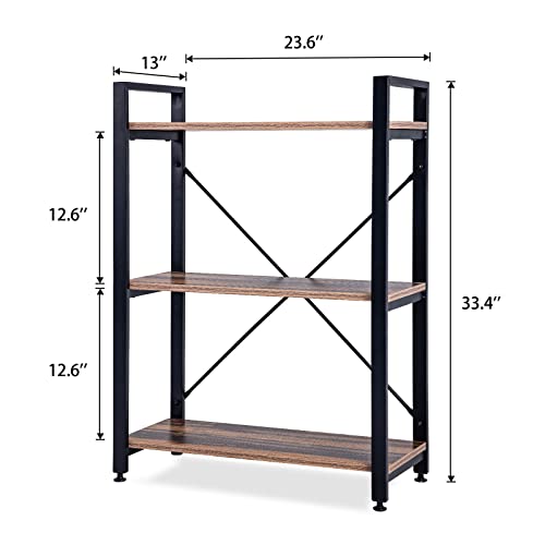 Small Bookshelf, 3 Tier Industrial bookshelf Wood Bookcase Shelves Storage, Standing Metal Frame Book Shelves for Living Room Bedroom and Office, Vintage Display 3 Tiers Open Shelf/Rack, Black/Brown