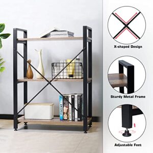 Small Bookshelf, 3 Tier Industrial bookshelf Wood Bookcase Shelves Storage, Standing Metal Frame Book Shelves for Living Room Bedroom and Office, Vintage Display 3 Tiers Open Shelf/Rack, Black/Brown