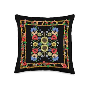 alice ron vintage ukrainian sunflower shirts sunflower red poppy flower floral ukrainian vyshyvanka style throw pillow, 16x16, multicolor