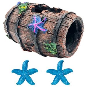 gsd star-fish broken barrel decor resin betta fish tank accessories ornaments for fish cave hide tank decorations, broken barrel x 1pc, blue star fish ornaments x 2pcs