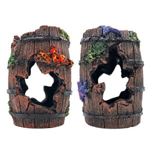 GSD Star-Fish Broken Barrel Decor Resin Betta Fish Tank Accessories Ornaments for Fish Cave Hide Tank Decorations, Broken Barrel x 1pc, Blue Star Fish Ornaments x 2pcs