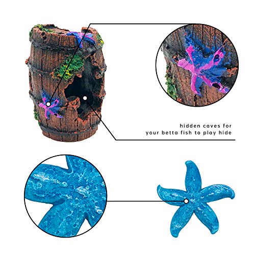 GSD Star-Fish Broken Barrel Decor Resin Betta Fish Tank Accessories Ornaments for Fish Cave Hide Tank Decorations, Broken Barrel x 1pc, Blue Star Fish Ornaments x 2pcs