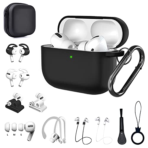 Airpods Pro Case, 15 in 1 Airpod pro Accessories Set Kit, Silicone Anti-Lost Straps/Watch Band Holder/Ear Hooks/Storage Box/Ear Tips/Keychainfor Apple Airpods Pro Charging Case Cover Skin (Black)