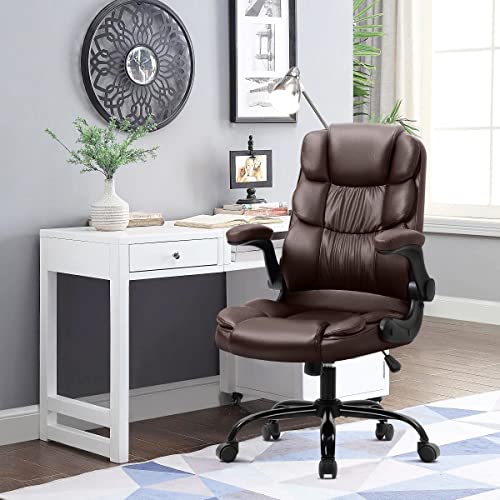 YAMASORO Executive Office Chair,Ergonomic Chair with Lumbar Support,Comfortable Computer Desk Chairs Flip up Arms and Wheels Swivel Task Chair, Brown