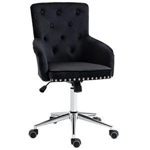 homcom modern mid-back desk chair with button tufted velvet back, nailhead trim, swivel home office chair with adjustable height, curved padded armrests, black