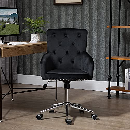 HOMCOM Modern Mid-Back Desk Chair with Button Tufted Velvet Back, Nailhead Trim, Swivel Home Office Chair with Adjustable Height, Curved Padded Armrests, Black