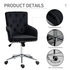 HOMCOM Modern Mid-Back Desk Chair with Button Tufted Velvet Back, Nailhead Trim, Swivel Home Office Chair with Adjustable Height, Curved Padded Armrests, Black