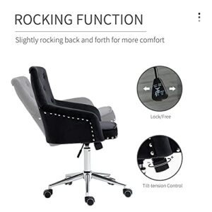 HOMCOM Modern Mid-Back Desk Chair with Button Tufted Velvet Back, Nailhead Trim, Swivel Home Office Chair with Adjustable Height, Curved Padded Armrests, Black