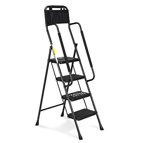 HBTower 4 Step Ladder with Handrails, 330 lbs Folding Step Stool with Attachable Tool Bag & Anti-Slip Wide Pedal for Home Kitchen Pantry Office (4-Step)