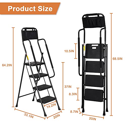 HBTower 4 Step Ladder with Handrails, 330 lbs Folding Step Stool with Attachable Tool Bag & Anti-Slip Wide Pedal for Home Kitchen Pantry Office (4-Step)